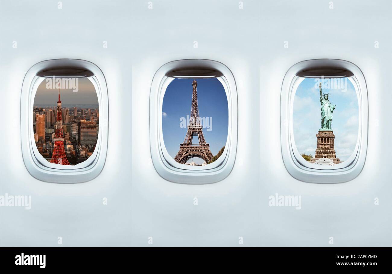 Airplane windows with destination landmarks of Tokyo (Japan), Paris ...