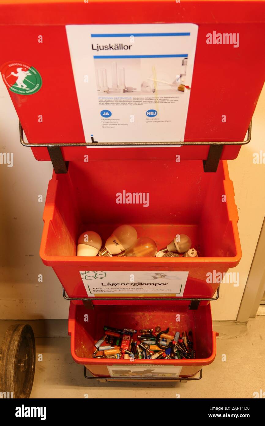 Stockholm, Sweden A garbage room bin for recycling batteries and ...