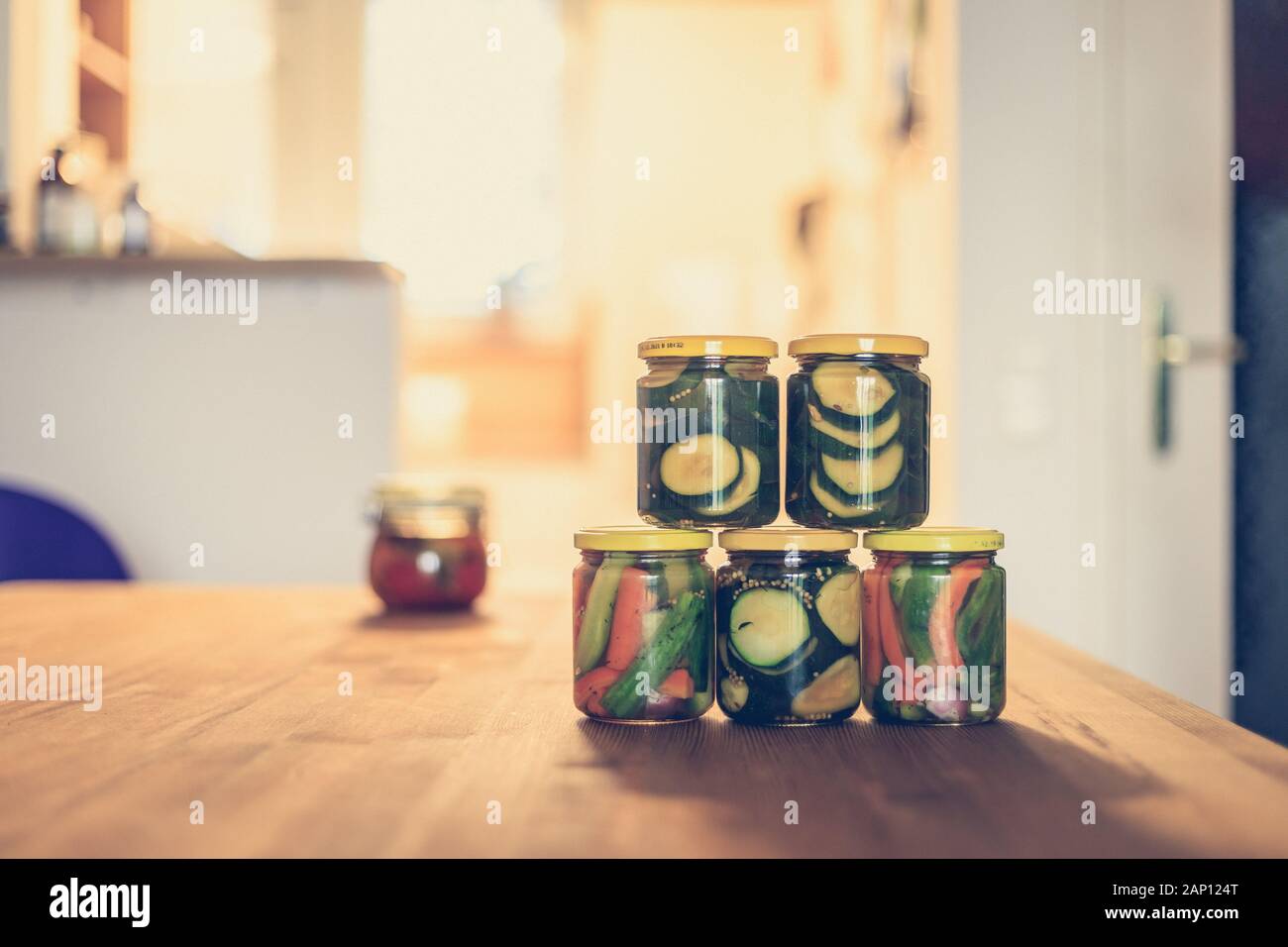 Preserving and conserving a variety of vegetables in glasses Stock ...