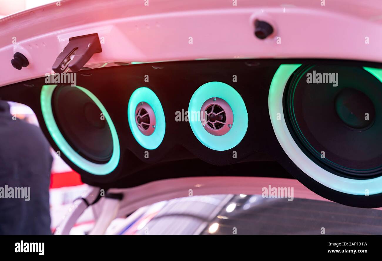 colorful lights of stereo and speakers in car Stock Photo - Alamy