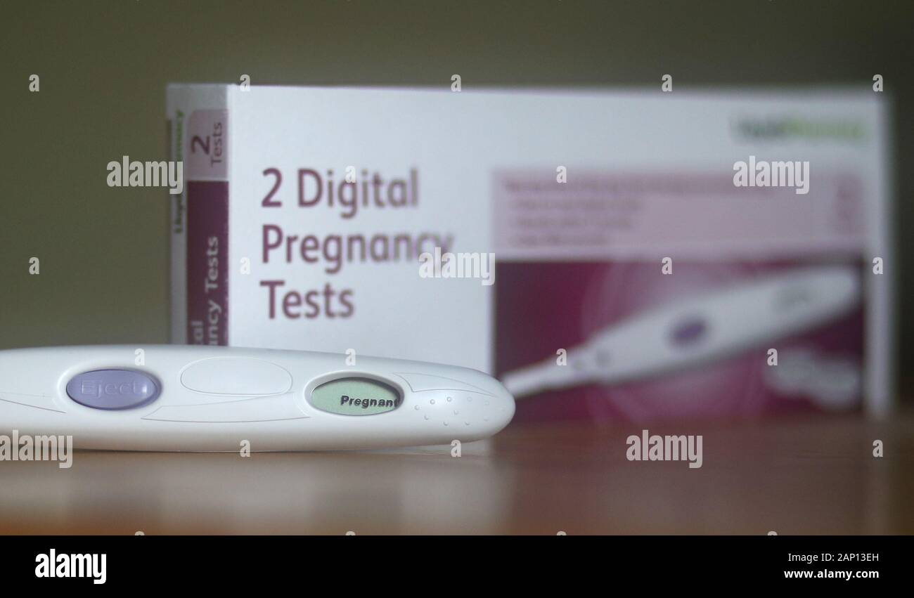 A pregnancy test kit indicating pregnancy. PA Photo. Picture date ...
