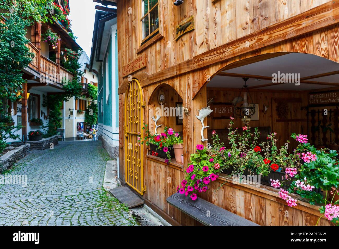 Austria, Hallstatt, August 1, 2011: beautiful decorated street Stock ...