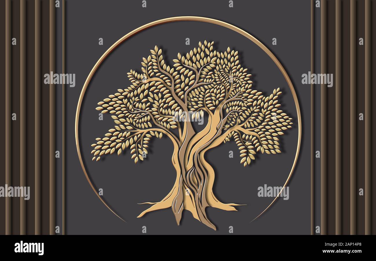 Dark background, vertical stripes, golden tree in a gold ring Stock ...