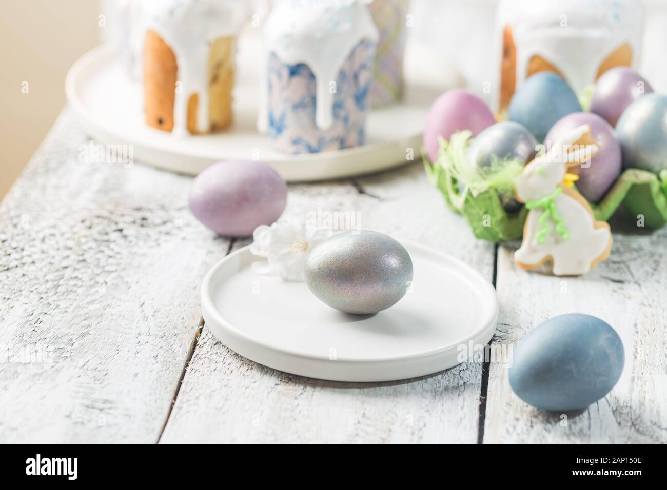 Easter table with Easter eggs over white background Stock Photo - Alamy