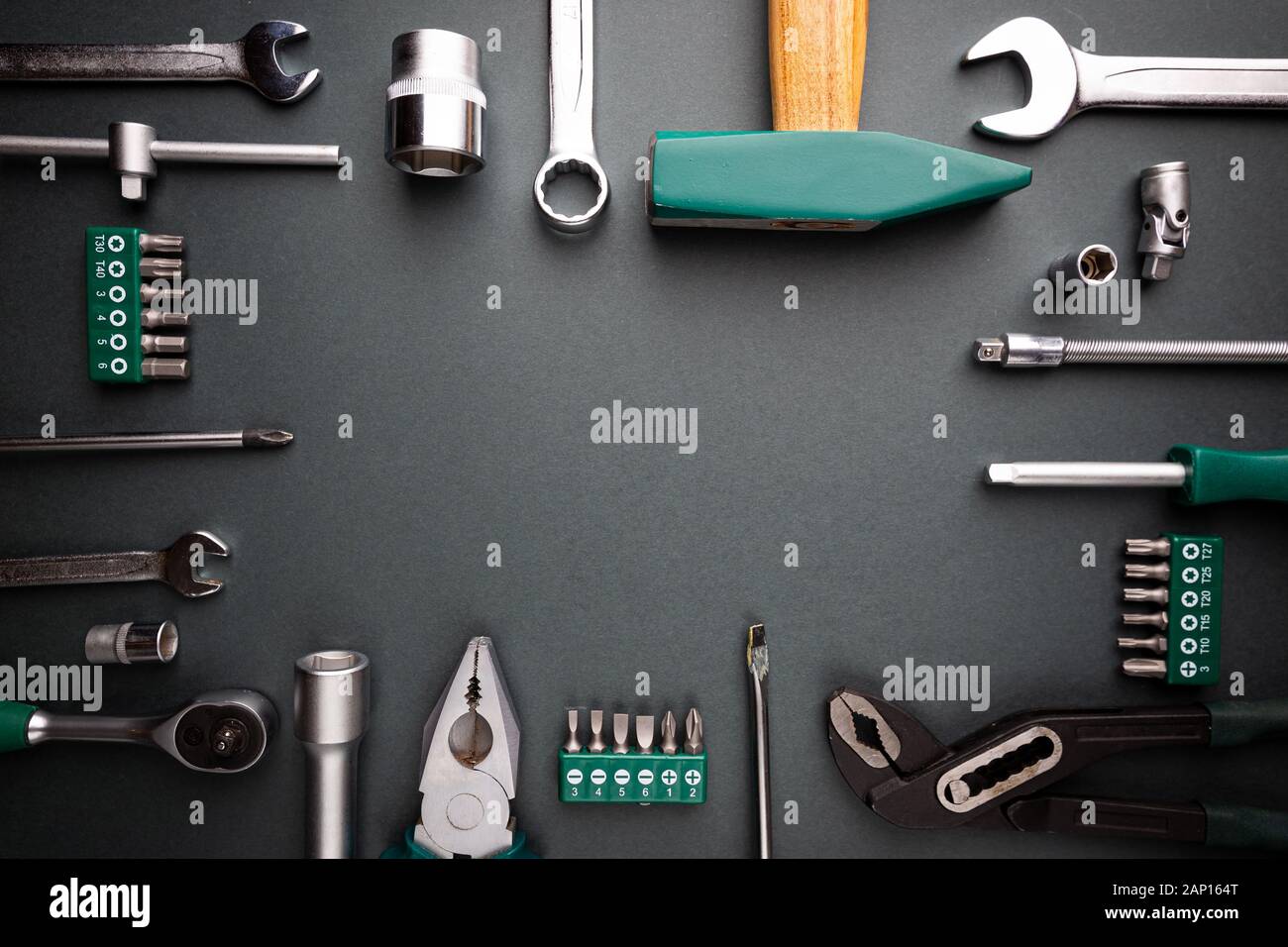Set of tools over black background, top view with space for text Stock ...