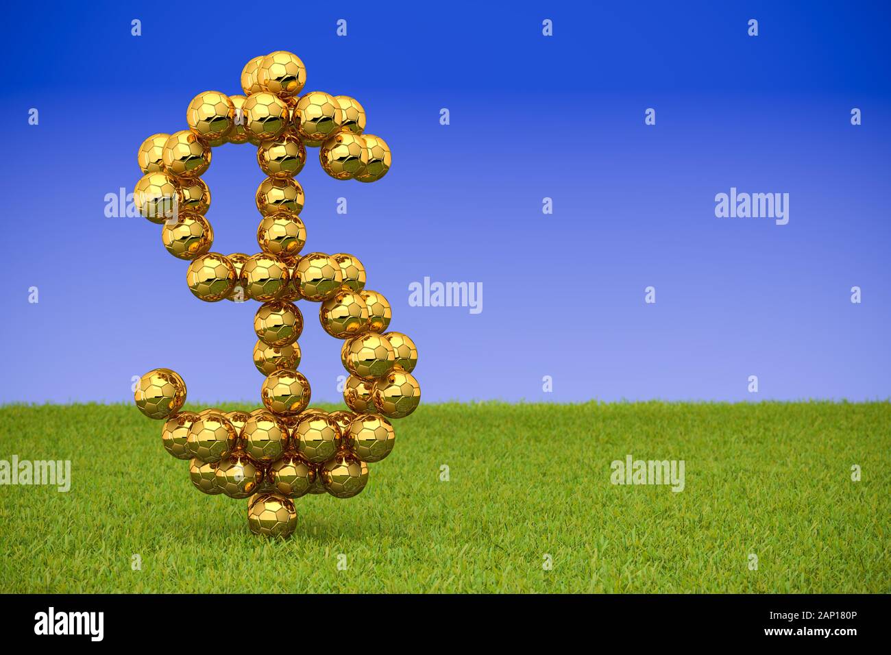 3D render: Golden Soccer balls forming a Dollar sign on grass and blue ...