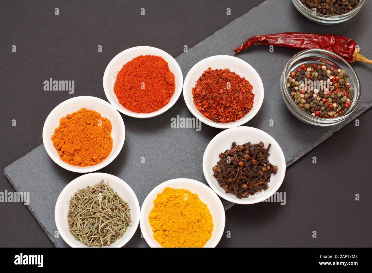 Colorful various ground spices, saffron, caraway, curry, dry rosemary ...