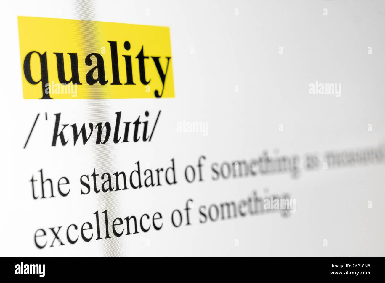 Highlighted text of "Quality" with description and phonetic respelling ...