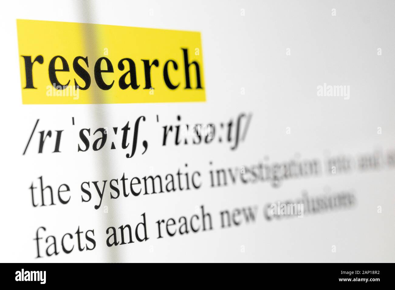 Highlighted text of "Research" with description and phonetic respelling ...