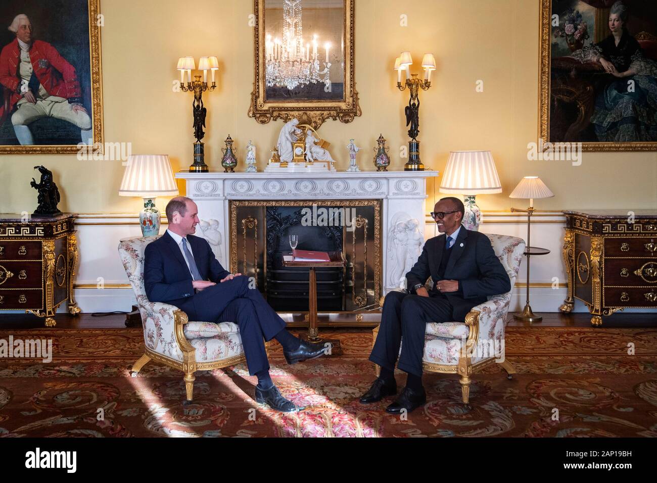 The Duke of Cambridge talks with the President of Rwanda, Paul Kagame, during an audience at ...
