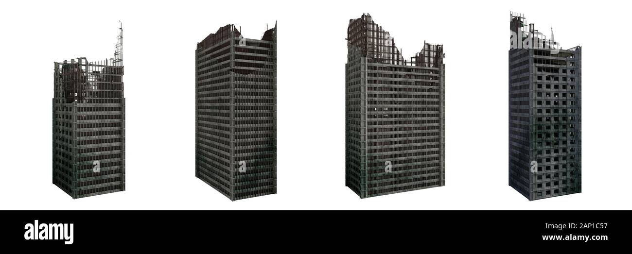 set of ruined skyscrapers, tall post apocalyptic buildings isolated on ...