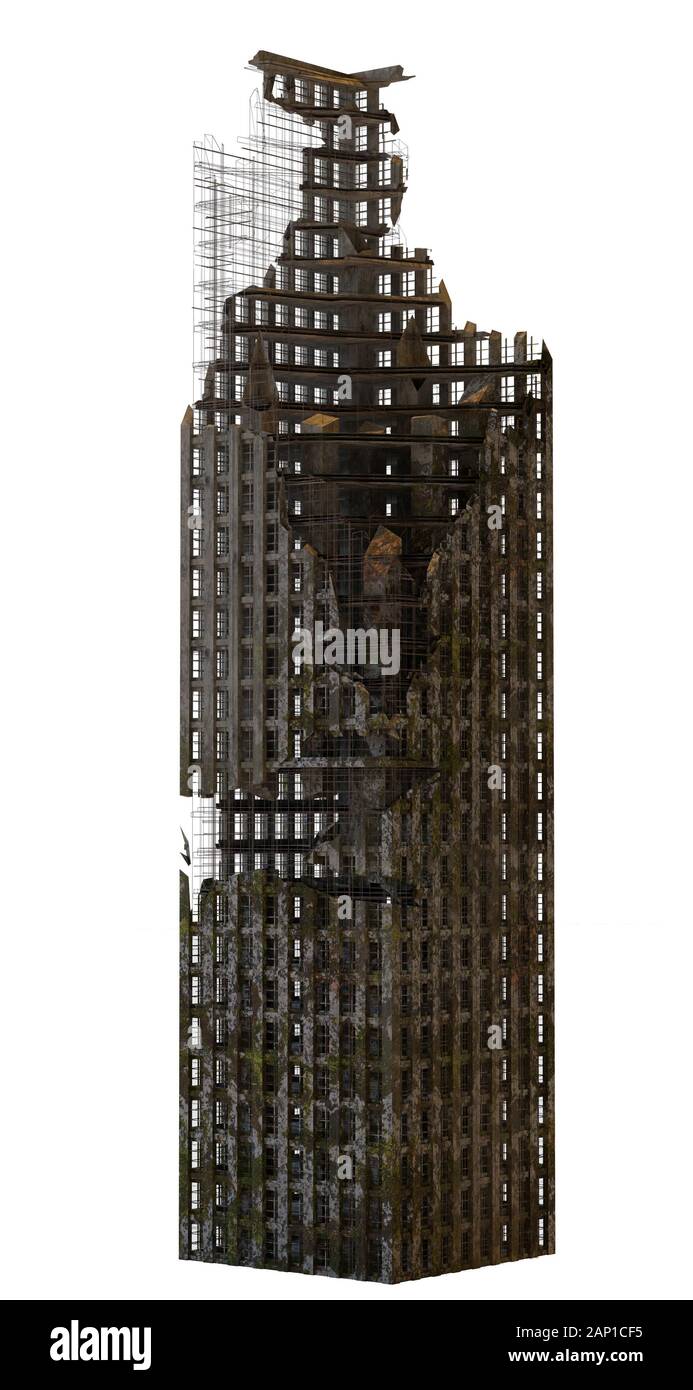 ruined skyscraper, tall dystopic building isolated on white background ...