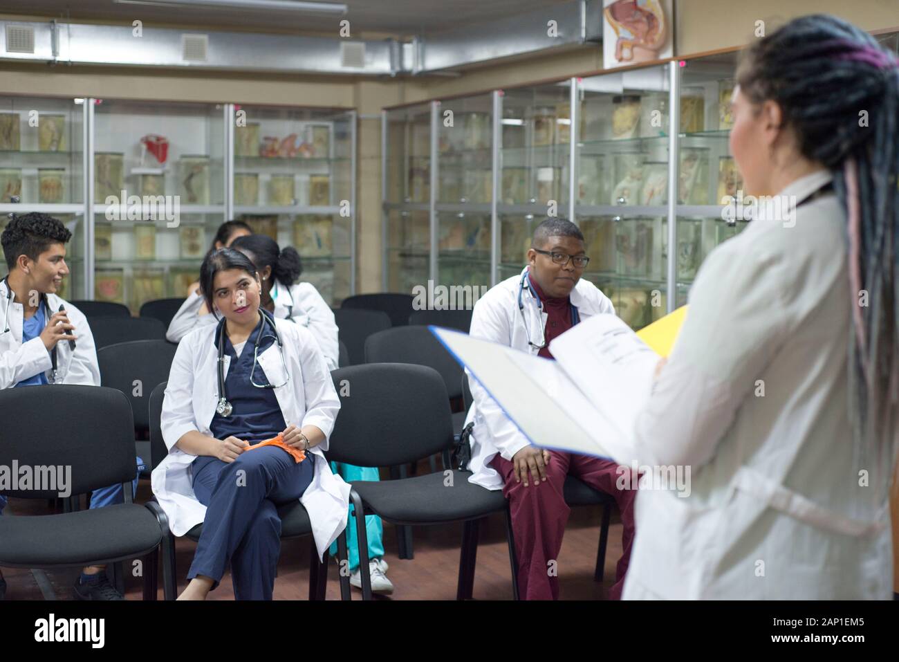 doctors, mixed race, in the classroom, at a medical conference. Young ...