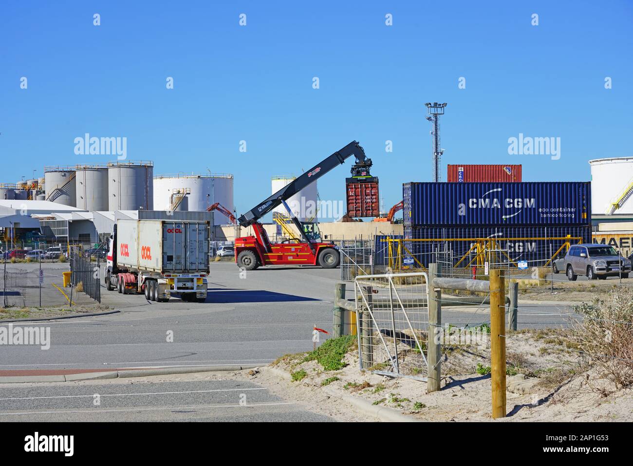 FREMANTLE, AUSTRALIA -3 JUL 2019- View of stacks of shipping containers ...