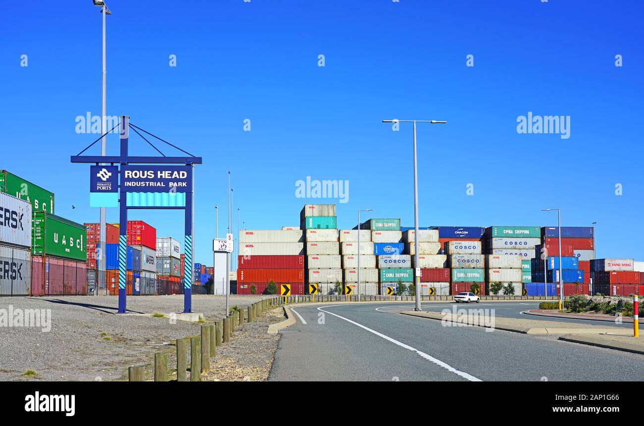 FREMANTLE, AUSTRALIA -3 JUL 2019- View of stacks of shipping containers ...
