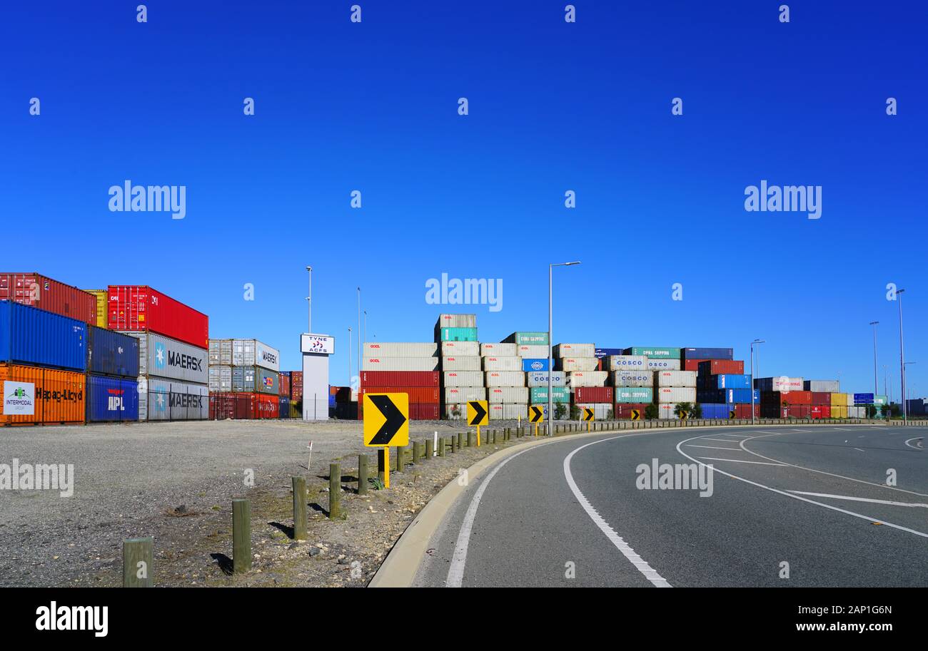 FREMANTLE, AUSTRALIA -3 JUL 2019- View of stacks of shipping containers ...