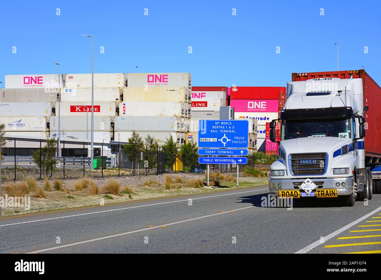 FREMANTLE, AUSTRALIA -3 JUL 2019- View of stacks of shipping containers ...