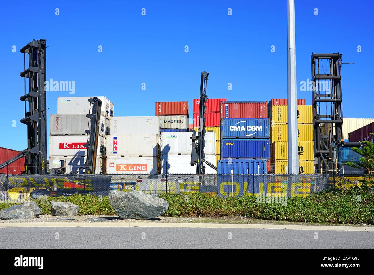 FREMANTLE, AUSTRALIA -3 JUL 2019- View of stacks of shipping containers ...
