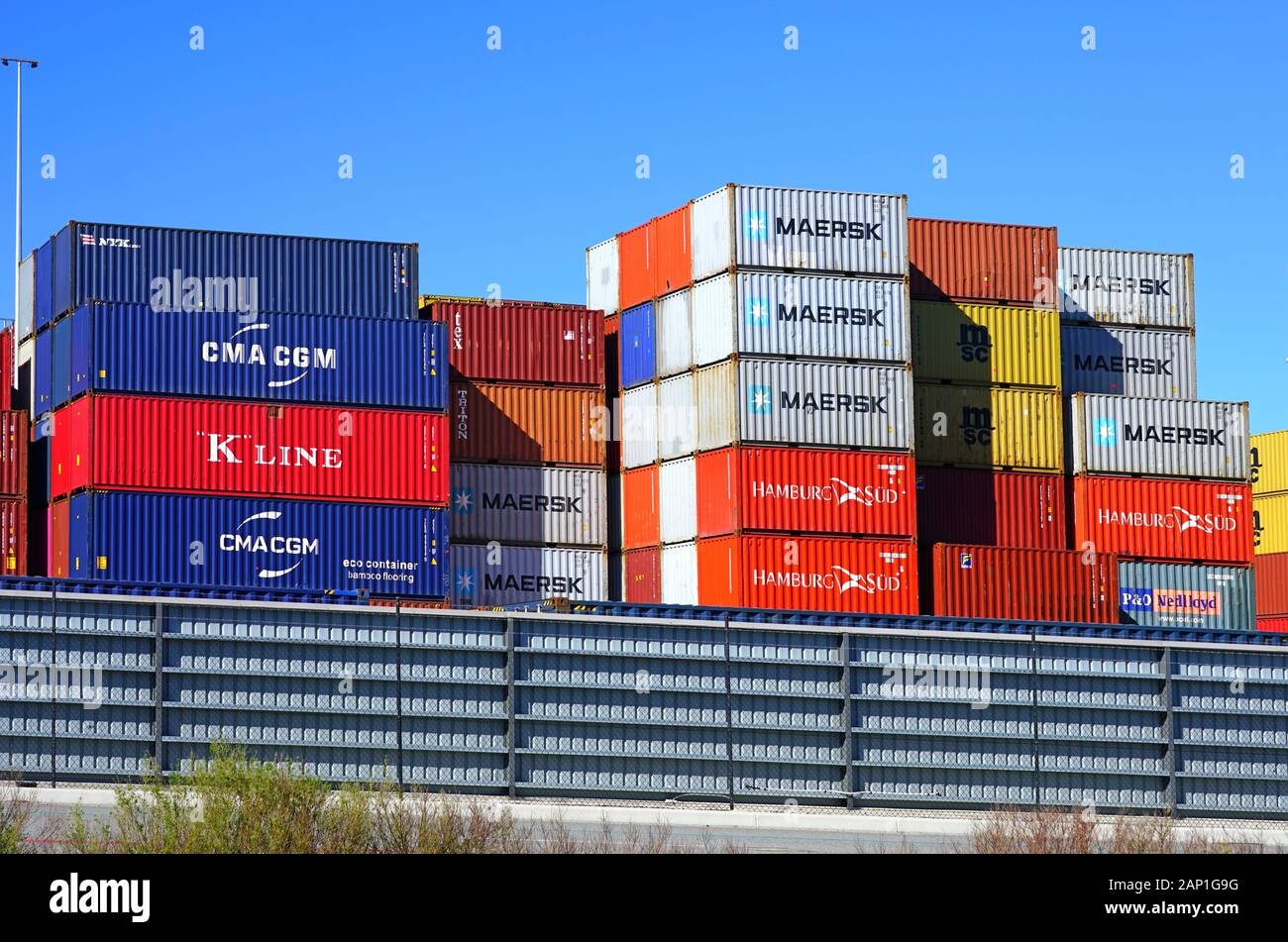 FREMANTLE, AUSTRALIA -3 JUL 2019- View of stacks of shipping containers ...