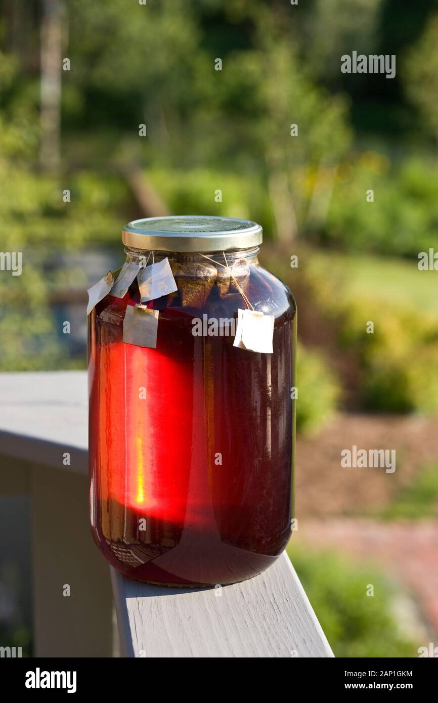 Summertime Still life of refreshing Sun tea brewing on an outdoor deck ...