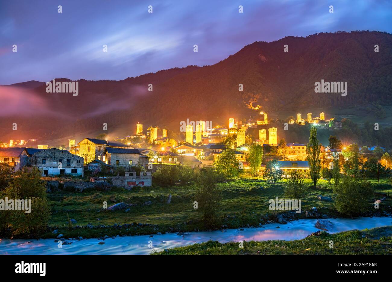 Mestia valley with traditional old georgian towers hi-res stock ...