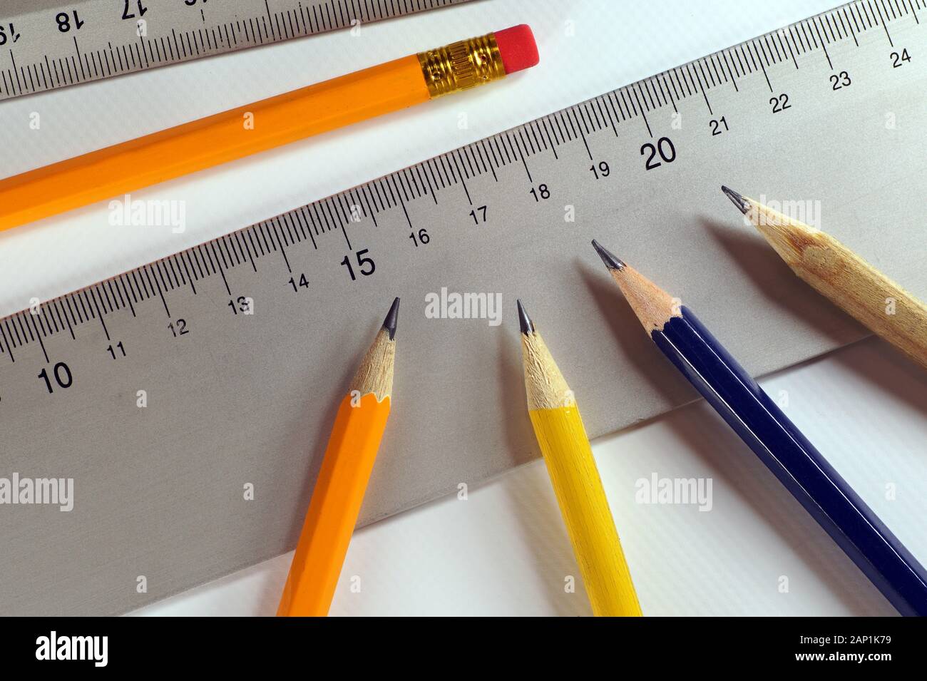 Sharpened pencils, prepared rulers for drawing. Preparation to work ...