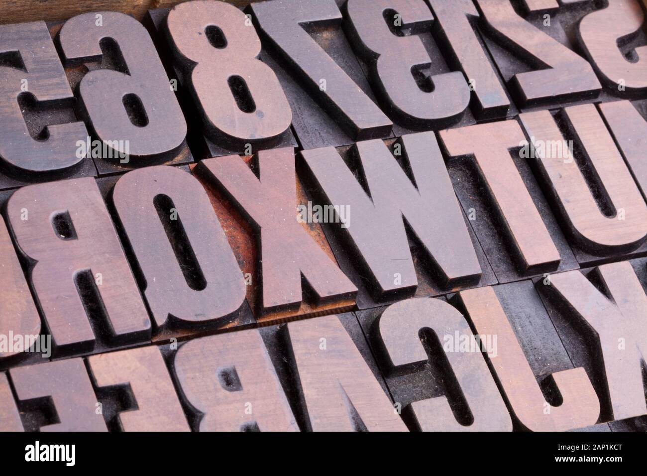 Letters in a type case, block letters made of wood Stock Photo - Alamy