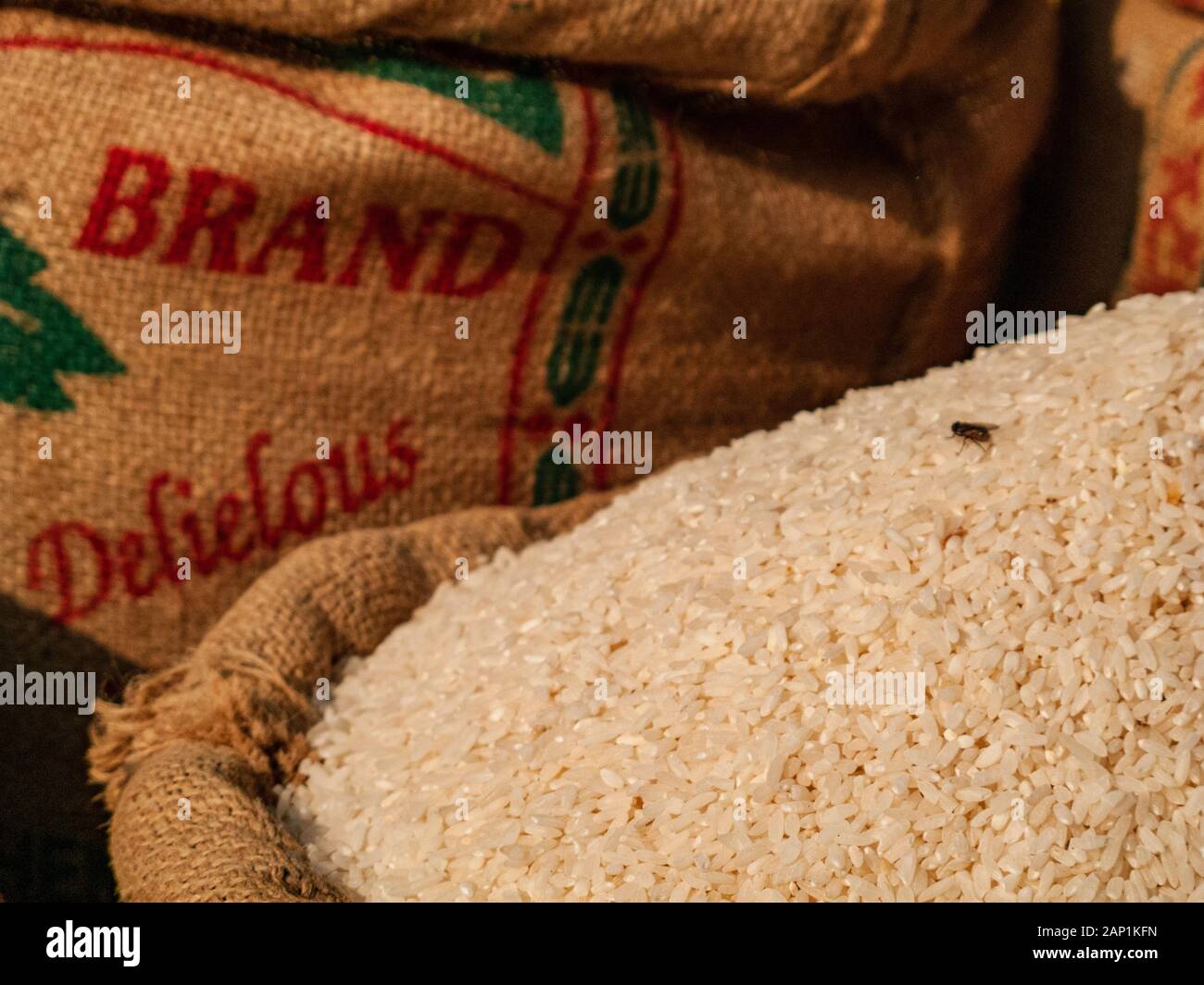Various sorts of rice are sold at the spice wholesale market Stock ...