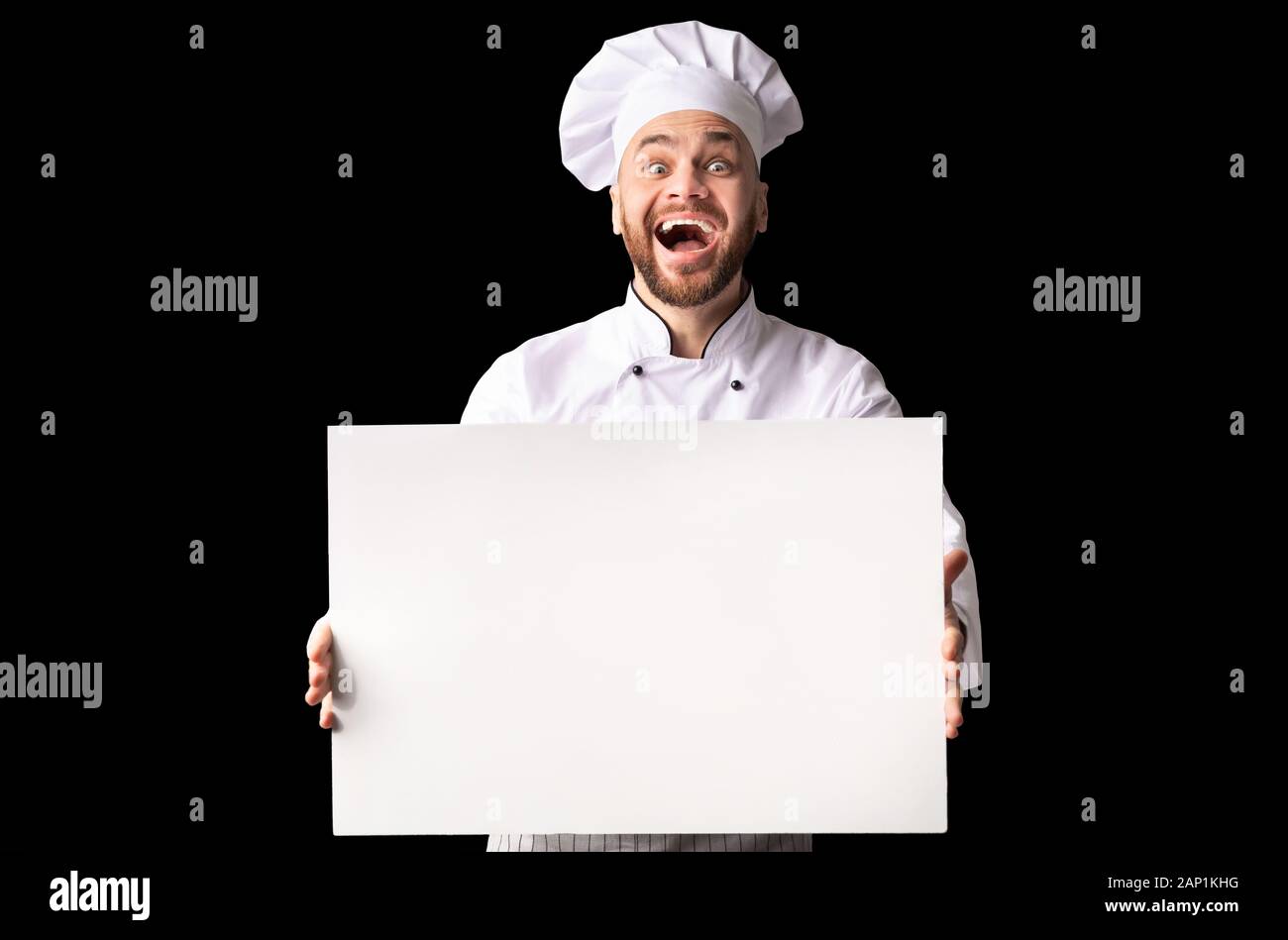 Excited Chef Man Holding White Board Standing In Studio, Mockup Stock ...