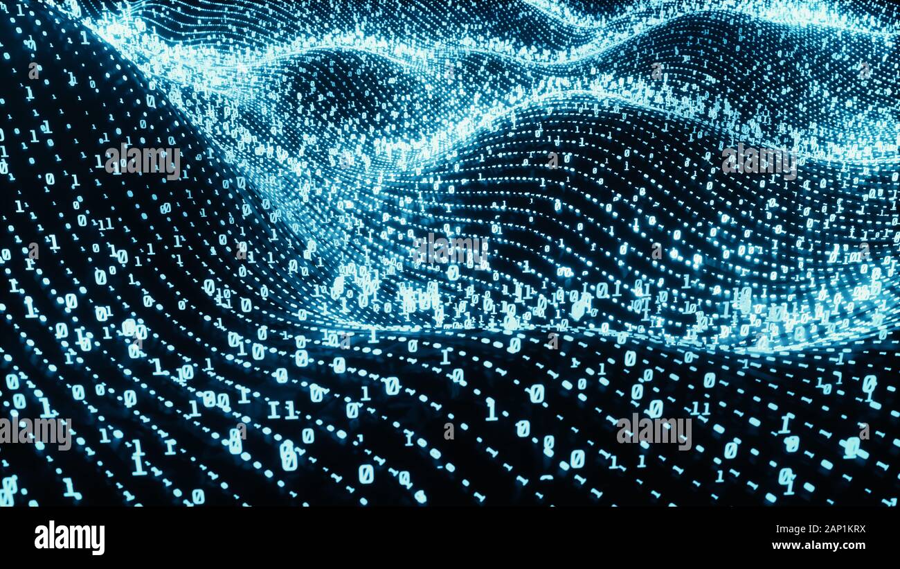 Digital binary code on landscape, glowing neon style, binary data ...