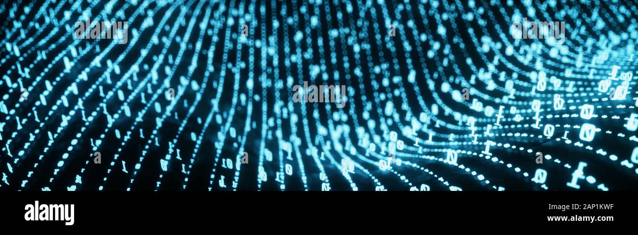 Digital binary code on landscape, glowing neon style, out of focus ...