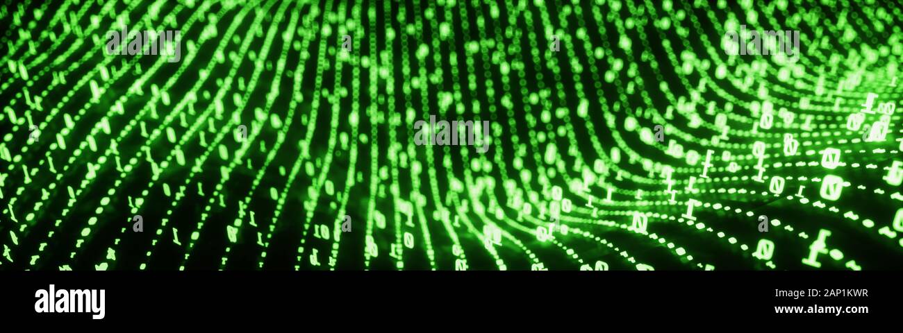 Digital binary code on landscape, glowing neon style, out of focus ...