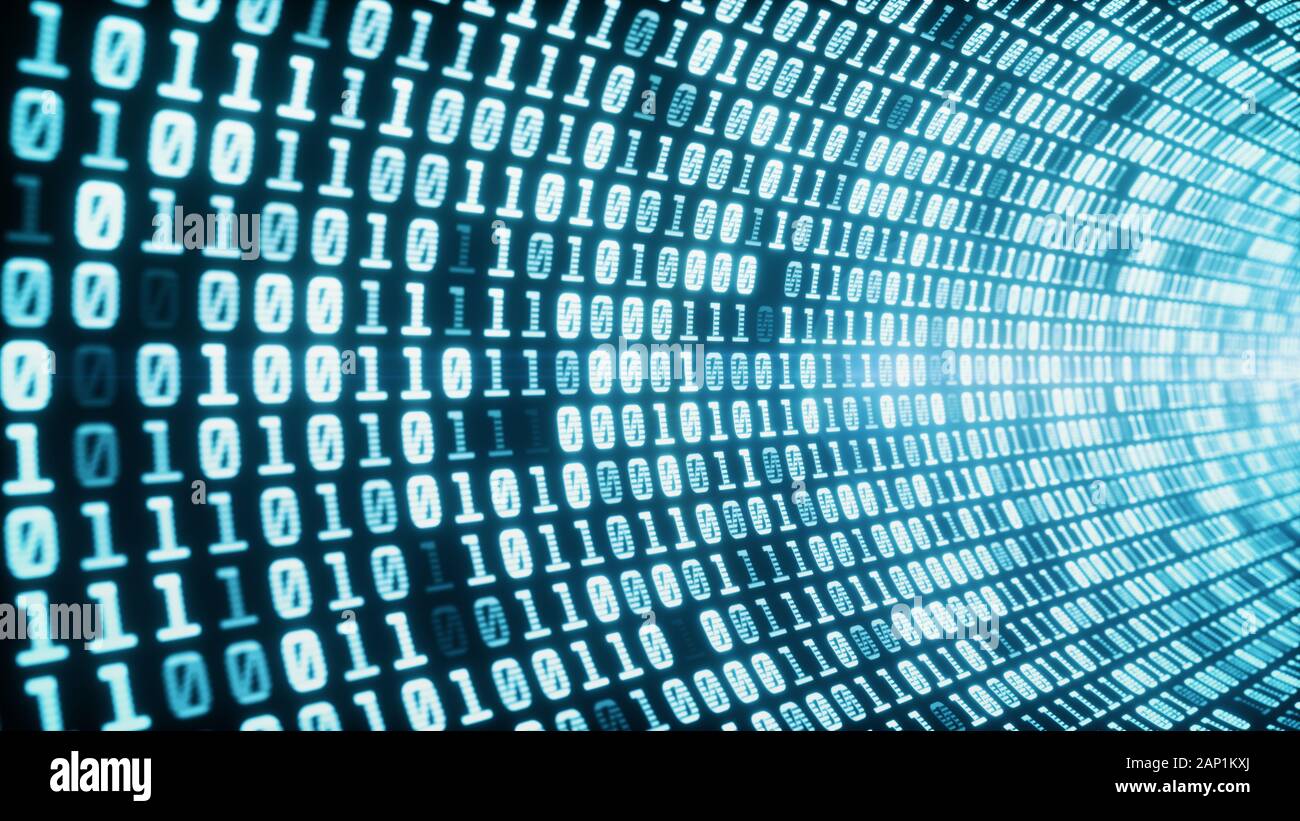Digital binary code tunnel, glowing neon style, binary data background, blue color Stock Photo ...