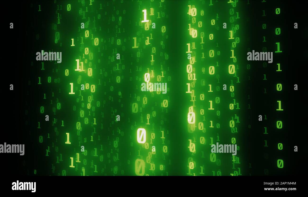 Digital lines of binary code, glowing neon style, binary data ...