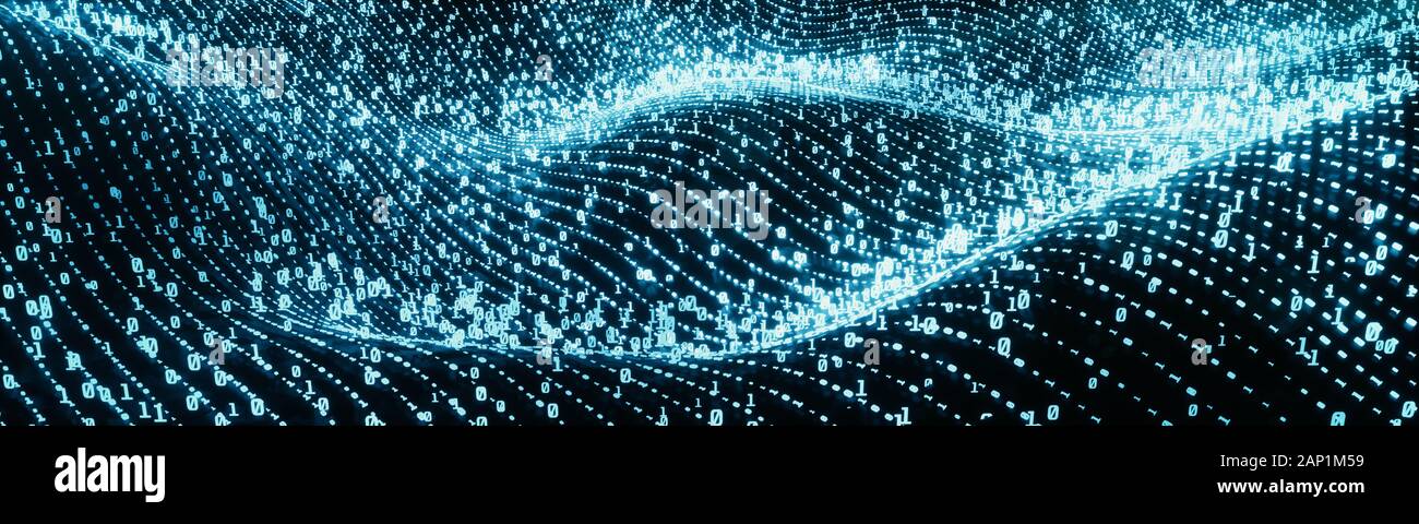 Digital Binary Code On Landscape Glowing Neon Style Binary Data Background Panoramic Banner 8419