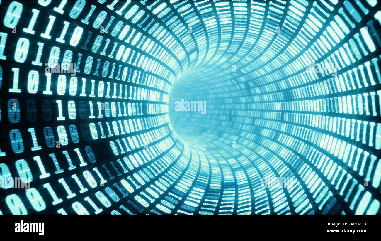 Digital binary code tunnel, glowing neon style, binary data worm hole background, blue color ...