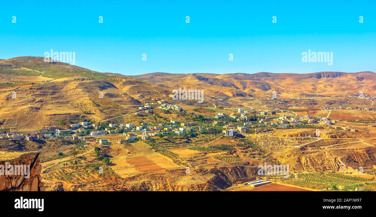 Banner panorama from biblical Mount Nebo, Jordan. Aerial view from top ...