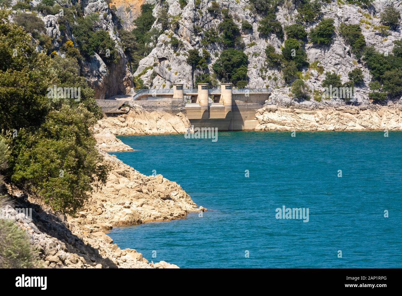 Water dam at Gorg Blau, an artificial lake located on Mallorca, Spain ...
