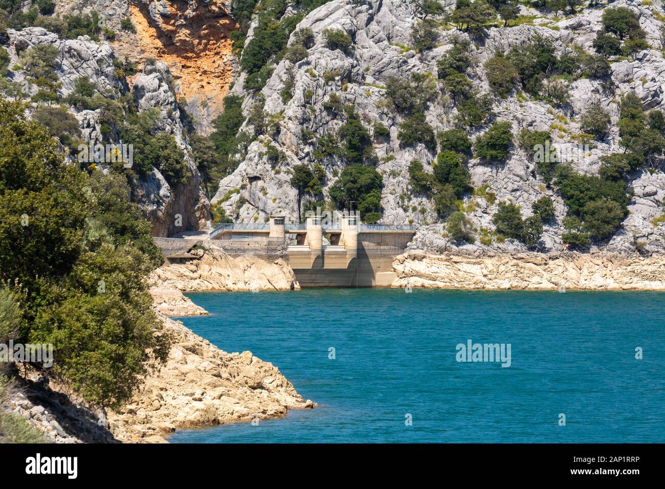 Water dam at Gorg Blau, an artificial lake located on Mallorca, Spain ...