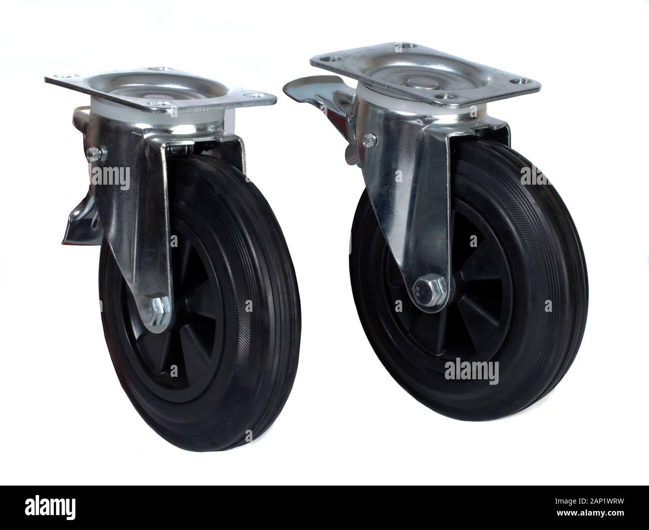 Black rubber wheels with a polypropylene discs in brackets with a brake ...