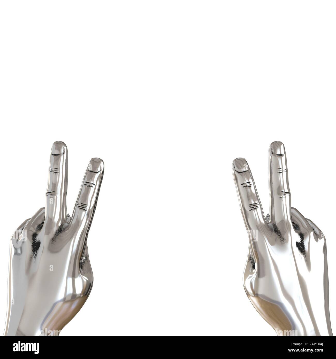 Two metal hands with two fingers raised up on white background. 3d ...