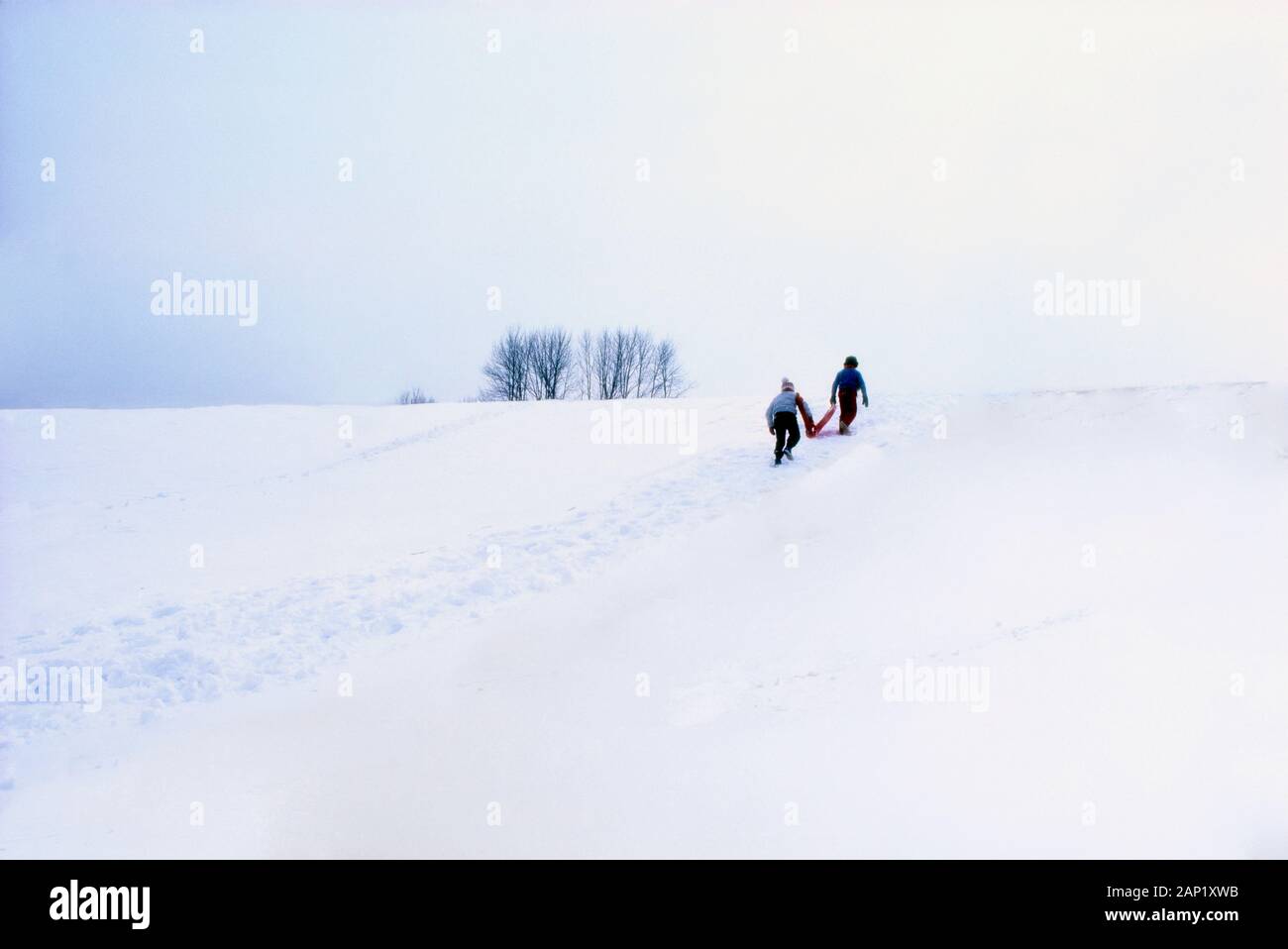 Retro scene of two boys pulling sled up snowy hill in winter Stock ...
