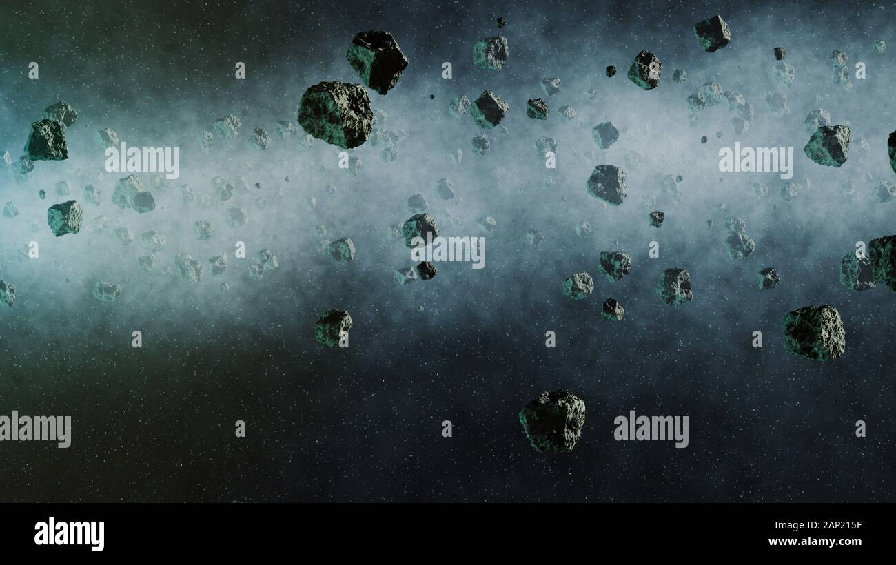 Asteroid belt 3D CGI Render with camera movement in space, stars and ...
