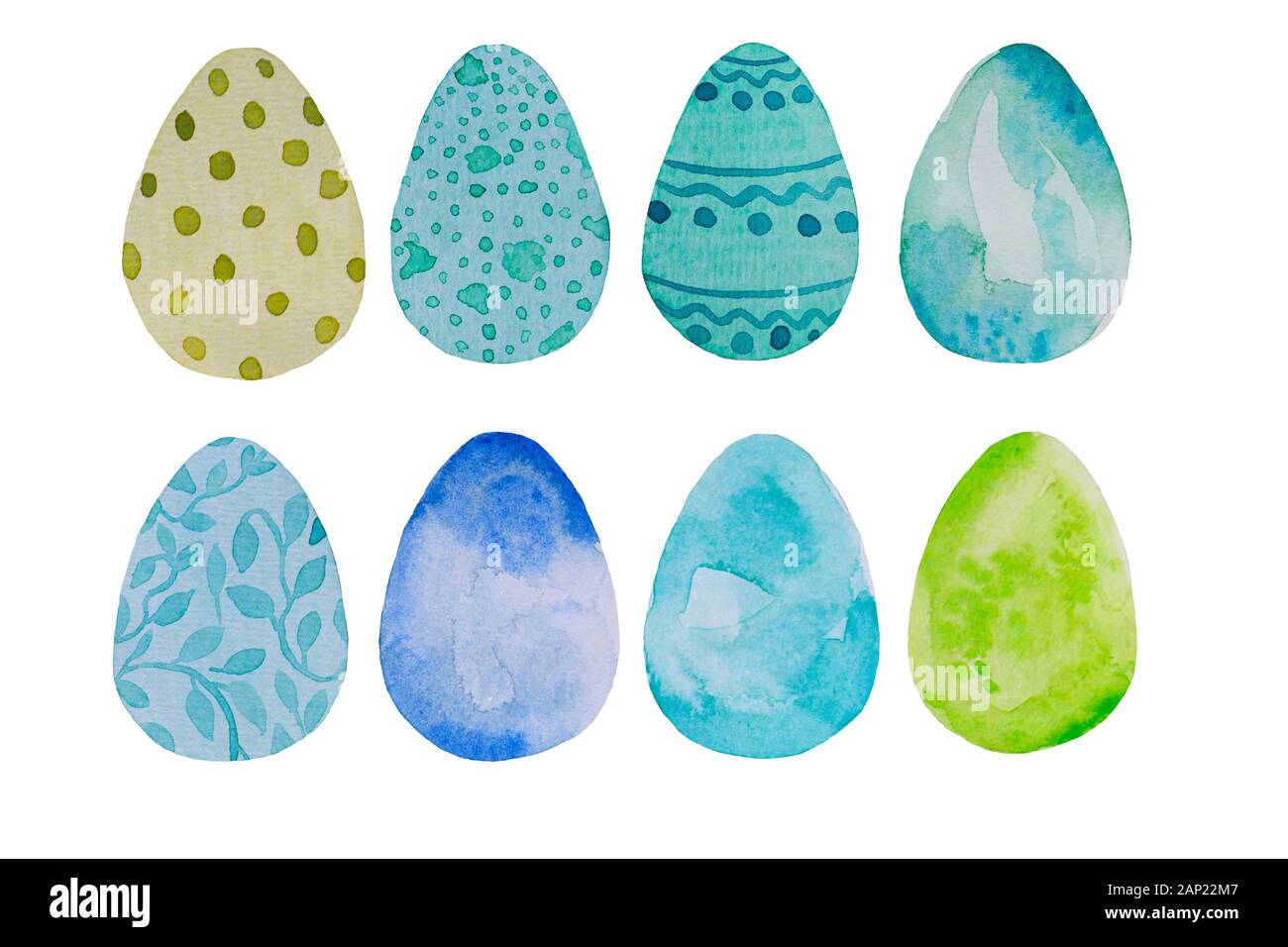 Watercolor, hand drawn blue and green Easter eggs set greeting card ...