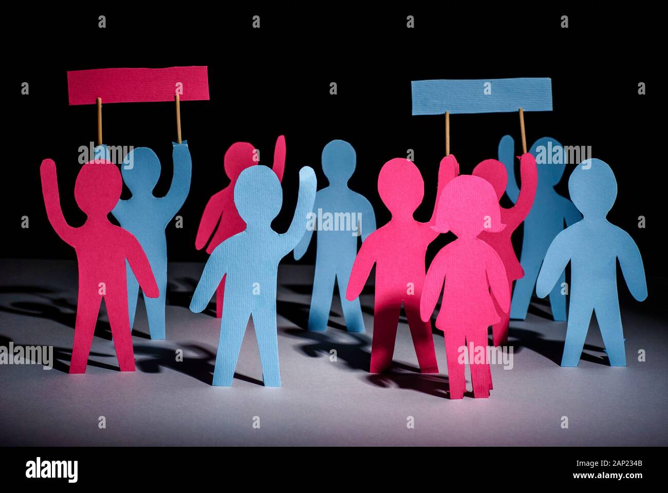 paper men with hands up holding tables with protests. The concept of ...