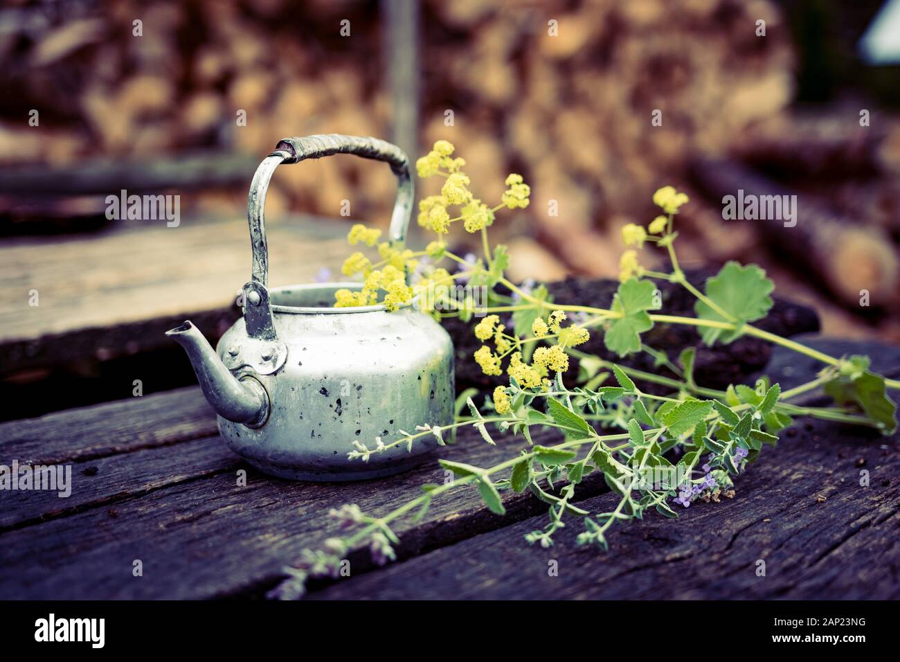Rusty, vintage, steel tea kettle on dark wooden table next to a bunch ...