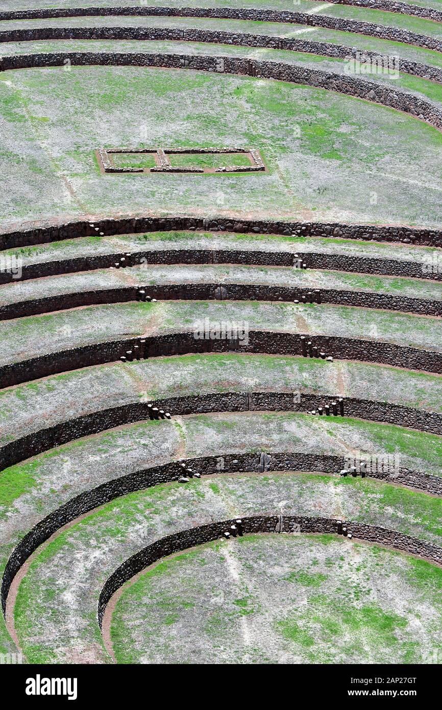Circles of the old Inca ruins agricultural terraces, Moray, Cusco ...