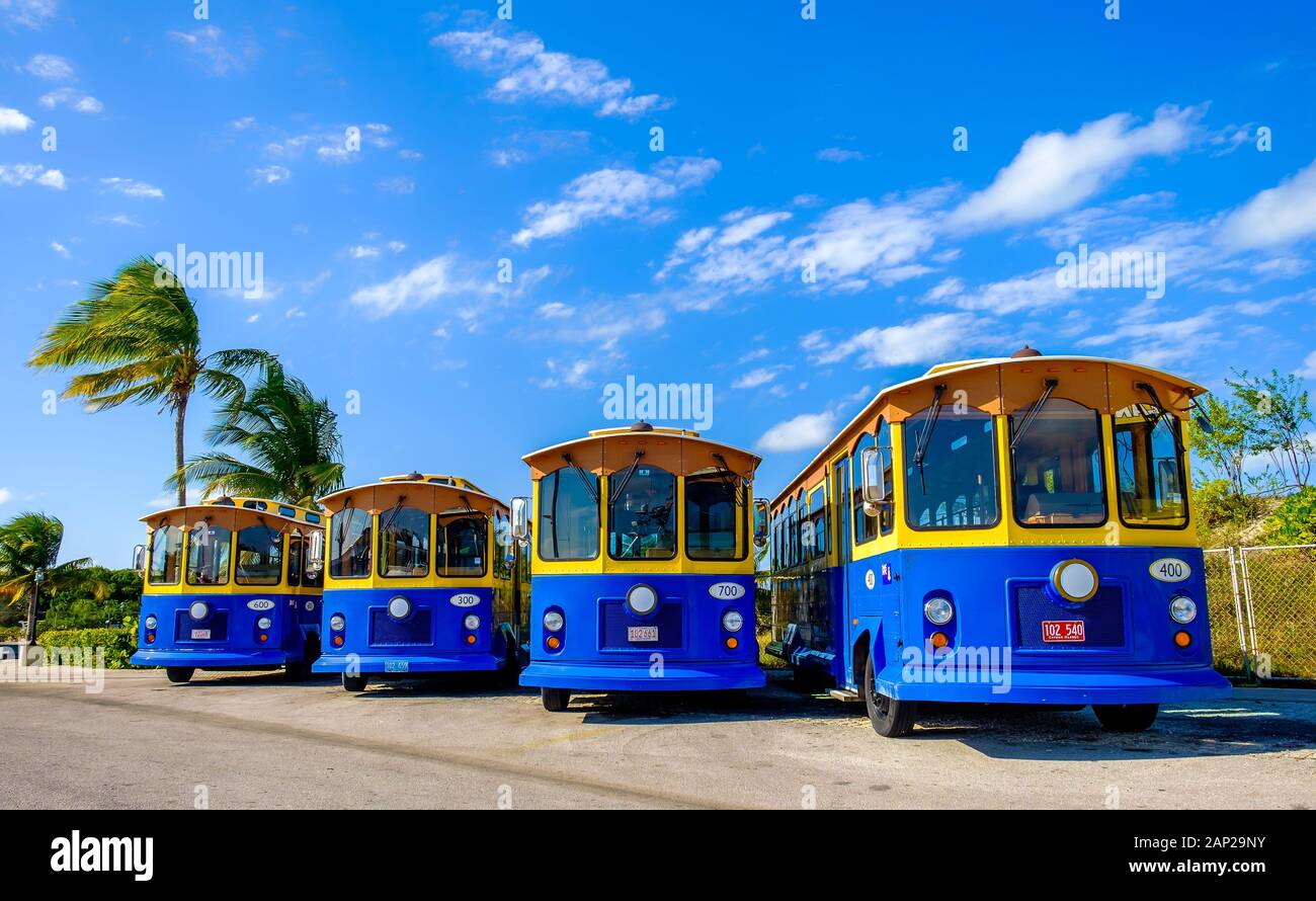 Grand Cayman, Cayman Islands, Jan 2019, blue trolley buses from the ...