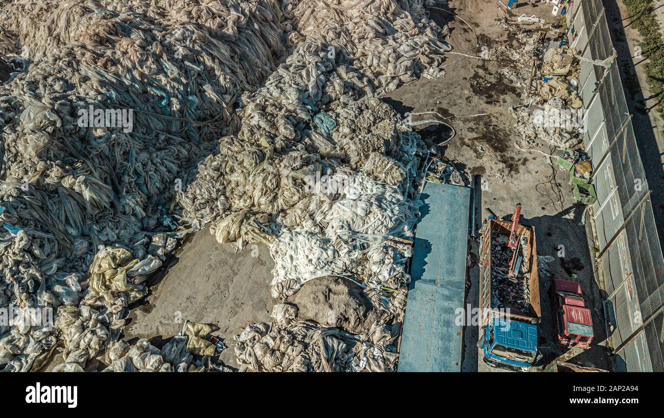 Above view of Mountains of plastic waste from the fruit and vegetable ...