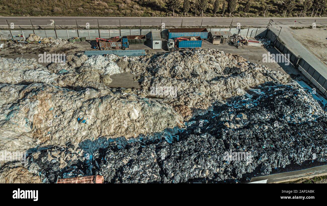 Above view of Mountains of plastic waste from the fruit and vegetable ...